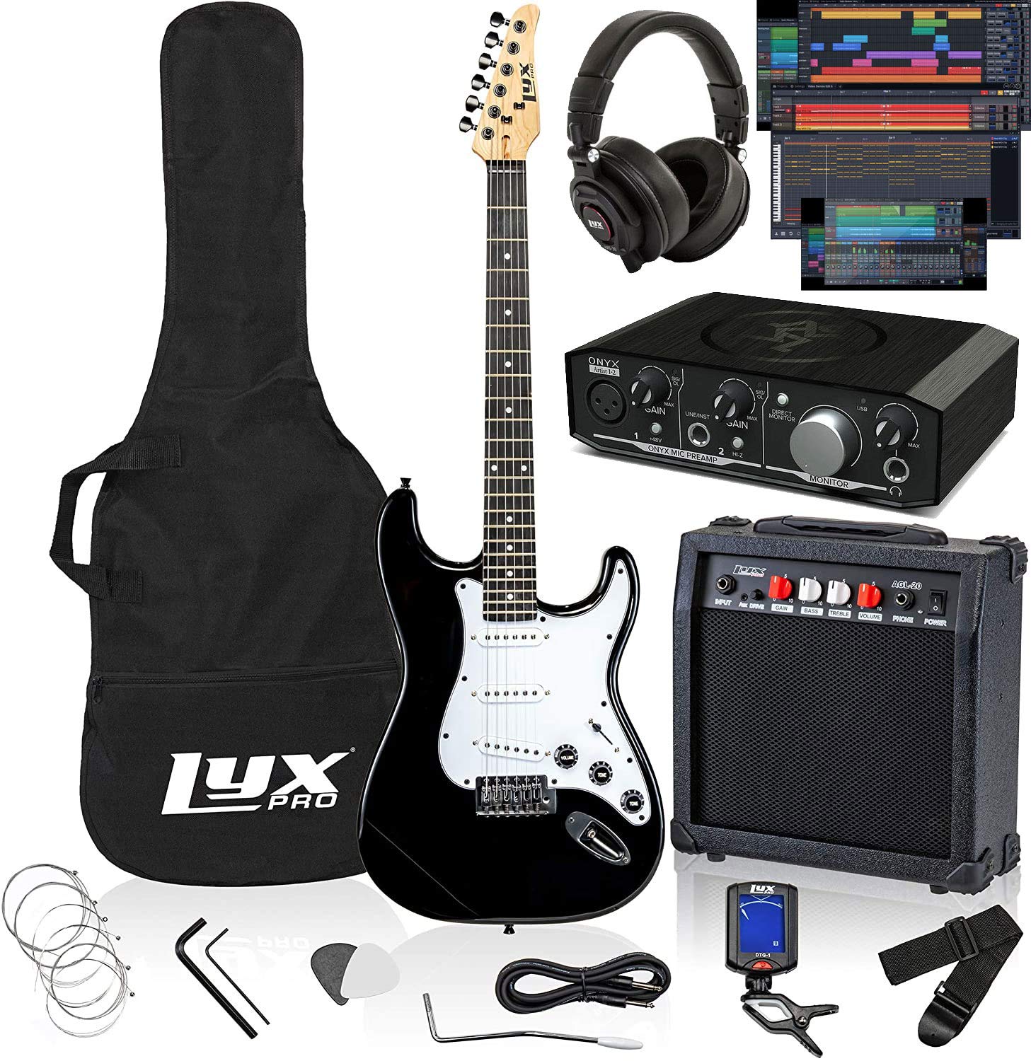 LyxPro Full Size Electric Guitar Black with 20w Amp Package, Mackie Onyx Artist 2-2 Audio/Midi interface With Pro Tools First/Tracktion Music Production Software Kit With Professional Headphones