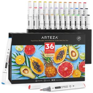 arteza alcohol art markers, set of 36 colors, tropical tones, everblend sketch pens in organizer box, dual tips