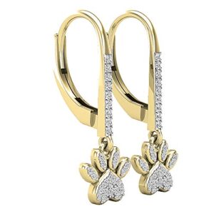 Dazzlingrock Collection Round White Diamond Cat Paw Print Drop Dangle Lever Back Earrings for Her (0.20 ctw, Color I-J, Clarity I2-I3) in 10K Yellow Gold