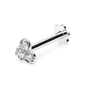 demira jewels 3 stone nose stud with 0.06 ct natural diamond in 14k white gold with 8mm long internal screw post for nose, lip labret, or monroe piercing.