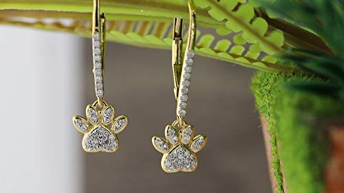 Dazzlingrock Collection Round White Diamond Cat Paw Print Drop Dangle Lever Back Earrings for Her (0.20 ctw, Color I-J, Clarity I2-I3) in 10K Yellow Gold