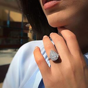 ChenFeng Sterling Silver Simulated Pear-Shaped CZ Halo Engagement Ring with Side Stones Promise Bridal Ring (7)