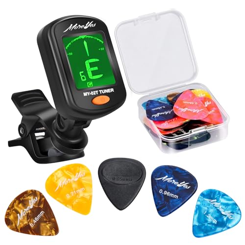 MOREYES 28Pcs Picks Guitar Tuner Clip on Chromatic Digital Tuner for Acoustic Guitars Violin, Ukulele, Bass