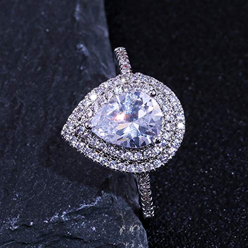 ChenFeng Sterling Silver Simulated Pear-Shaped CZ Halo Engagement Ring with Side Stones Promise Bridal Ring (7)