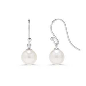 .925 sterling silver aaaa 7.5-8mm round white freshwater cultured pearl french wire hook dangling drop earrings