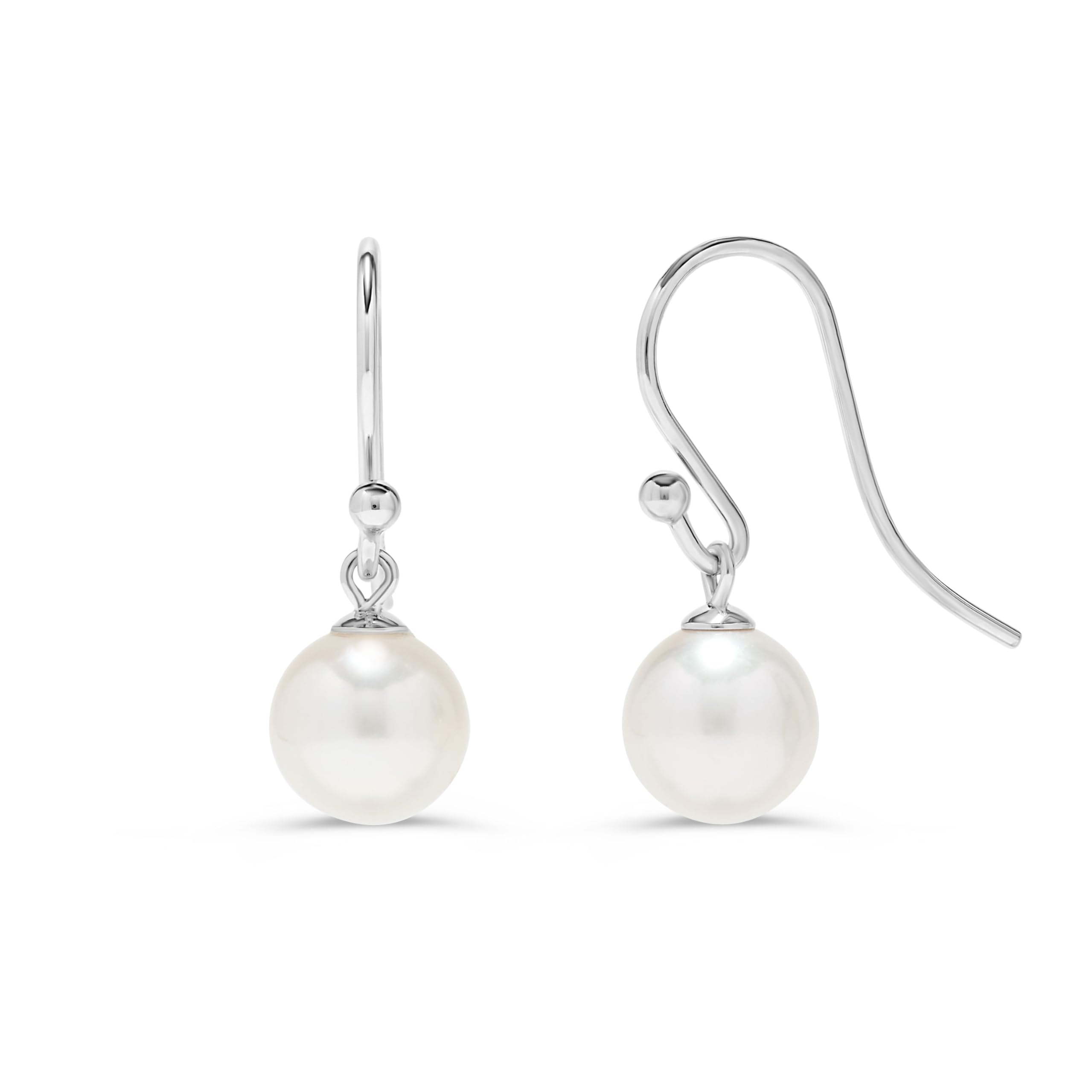 .925 Sterling Silver AAAA 7.5-8mm Round White Freshwater Cultured Pearl French Wire Hook Dangling Drop Earrings