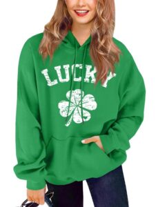 st patrick's day women green long sleeve sweatshirt graphic print shamrock four leaf hoodie lucky clover m