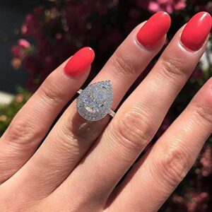 ChenFeng Sterling Silver Simulated Pear-Shaped CZ Halo Engagement Ring with Side Stones Promise Bridal Ring (7)