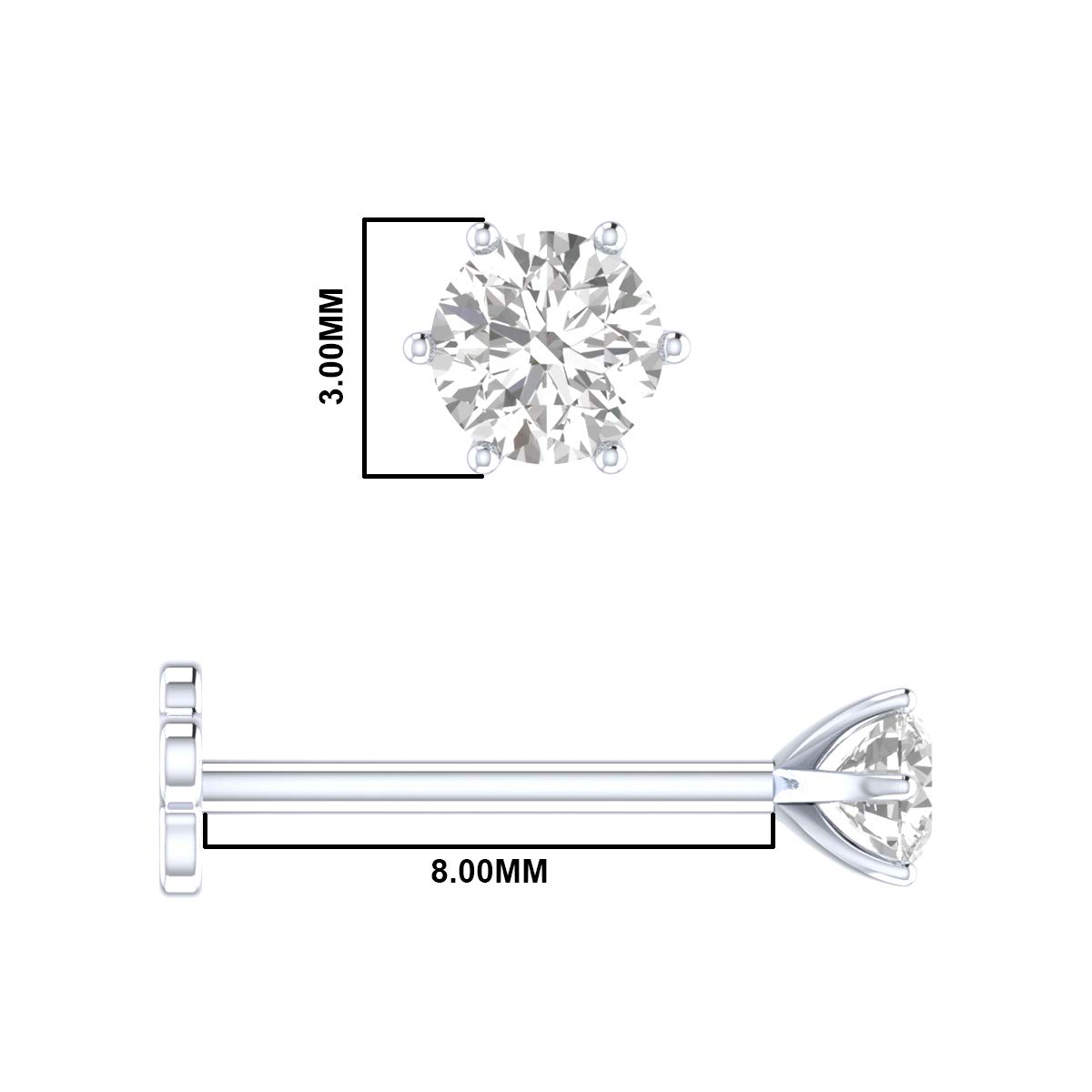 Demira Jewels 0.06 ct Real Diamond 14k White Gold Nose Stud Lip Labret Monroe Ring, 8 mm Long Internally Threaded Screw Post.