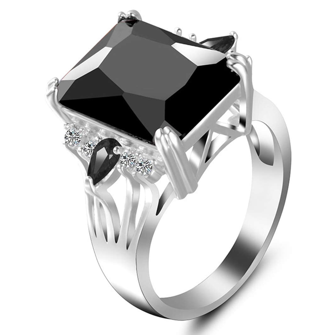 6 Colors Square Cubic Zirconia Engagement Rhinestone Rings for Women - Black Size 8