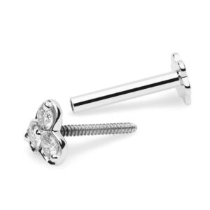 Demira Jewels 3 Stone Nose Stud with 0.06 ct Natural Diamond in 14K White Gold with 8mm Long Internal Screw Post for Nose, Lip Labret, or Monroe Piercing.