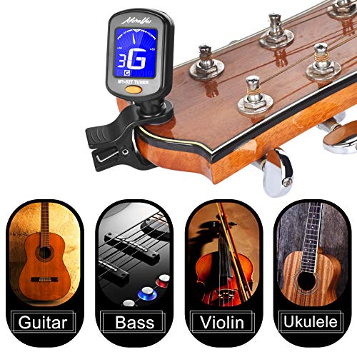 MOREYES 28Pcs Picks Guitar Tuner Clip on Chromatic Digital Tuner for Acoustic Guitars Violin, Ukulele, Bass