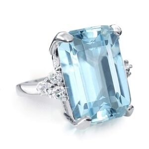 IVY & BAUBLE Large Emerald Cut Simulated Gemstone Aquamarine Color Wedding Party Cocktail Ring for Women in Rhodium Plating, Size 5