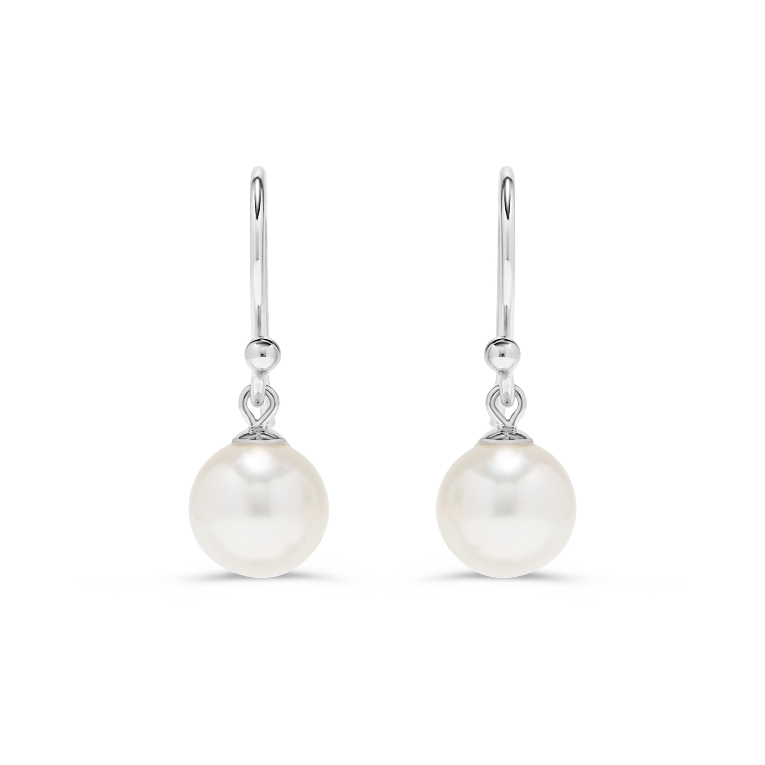 .925 Sterling Silver AAAA 7.5-8mm Round White Freshwater Cultured Pearl French Wire Hook Dangling Drop Earrings