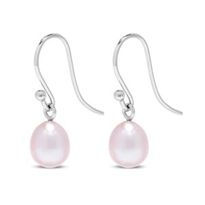 .925 Sterling Silver AAAA 7-7.5mm Natural Pink Teardrop Shaped Freshwater Cultured Pearl French Wire Dangling Drop Earrings