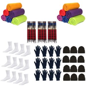 60 piece homeless care package supplies - bulk case of glove pairs, socks, winter fleece throw blankets, beanies and scarves