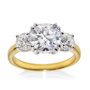 ivy & bauble 3 stone cushion cut simulated diamond engagement rings for women in 18k yellow gold plating, size 5