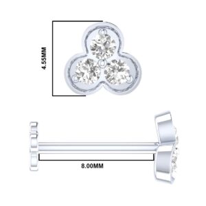 Demira Jewels 3 Stone Nose Stud with 0.06 ct Natural Diamond in 14K White Gold with 8mm Long Internal Screw Post for Nose, Lip Labret, or Monroe Piercing.