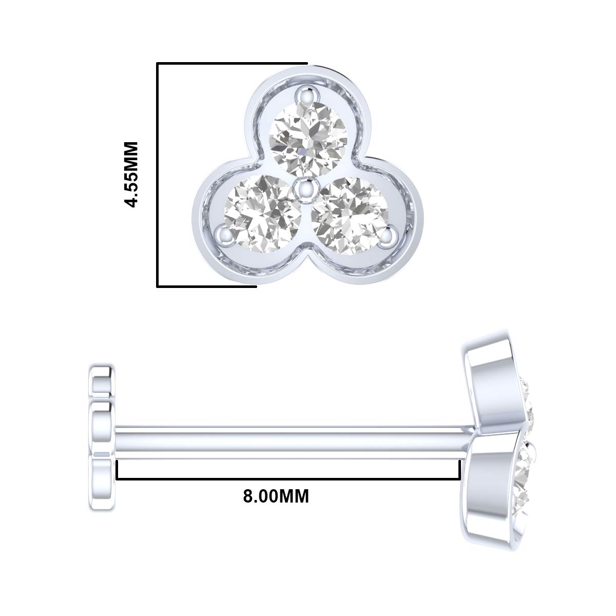 Demira Jewels 3 Stone Nose Stud with 0.06 ct Natural Diamond in 14K White Gold with 8mm Long Internal Screw Post for Nose, Lip Labret, or Monroe Piercing.