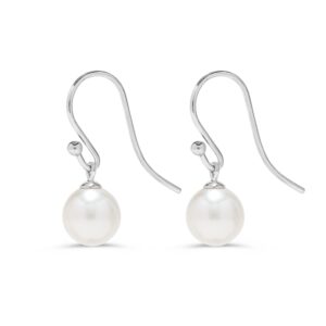 .925 Sterling Silver AAAA 7.5-8mm Round White Freshwater Cultured Pearl French Wire Hook Dangling Drop Earrings