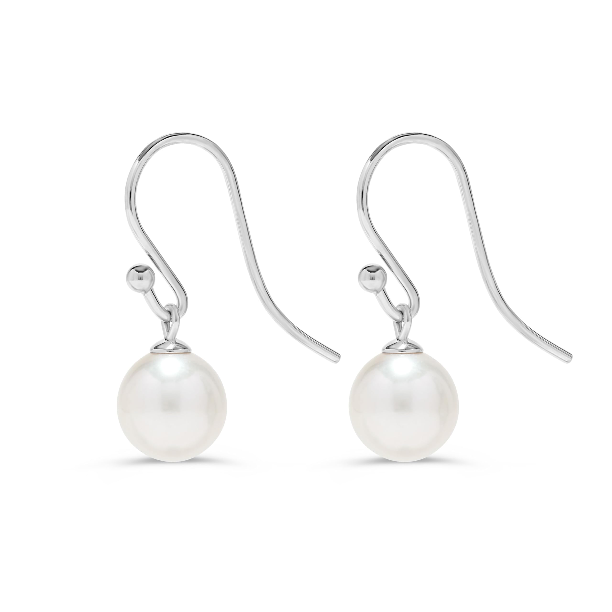 .925 Sterling Silver AAAA 7.5-8mm Round White Freshwater Cultured Pearl French Wire Hook Dangling Drop Earrings