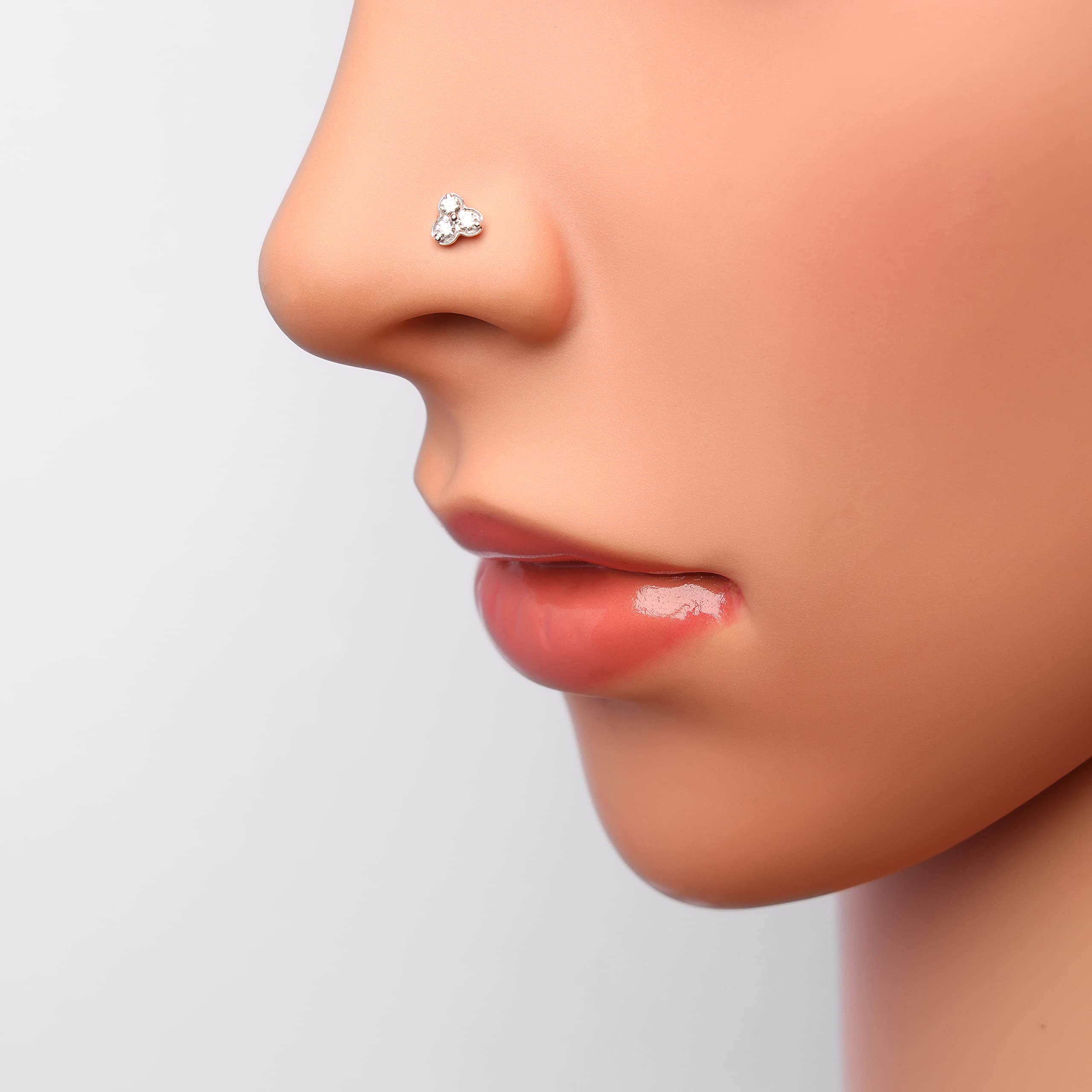 Demira Jewels 3 Stone Nose Stud with 0.06 ct Natural Diamond in 14K White Gold with 8mm Long Internal Screw Post for Nose, Lip Labret, or Monroe Piercing.