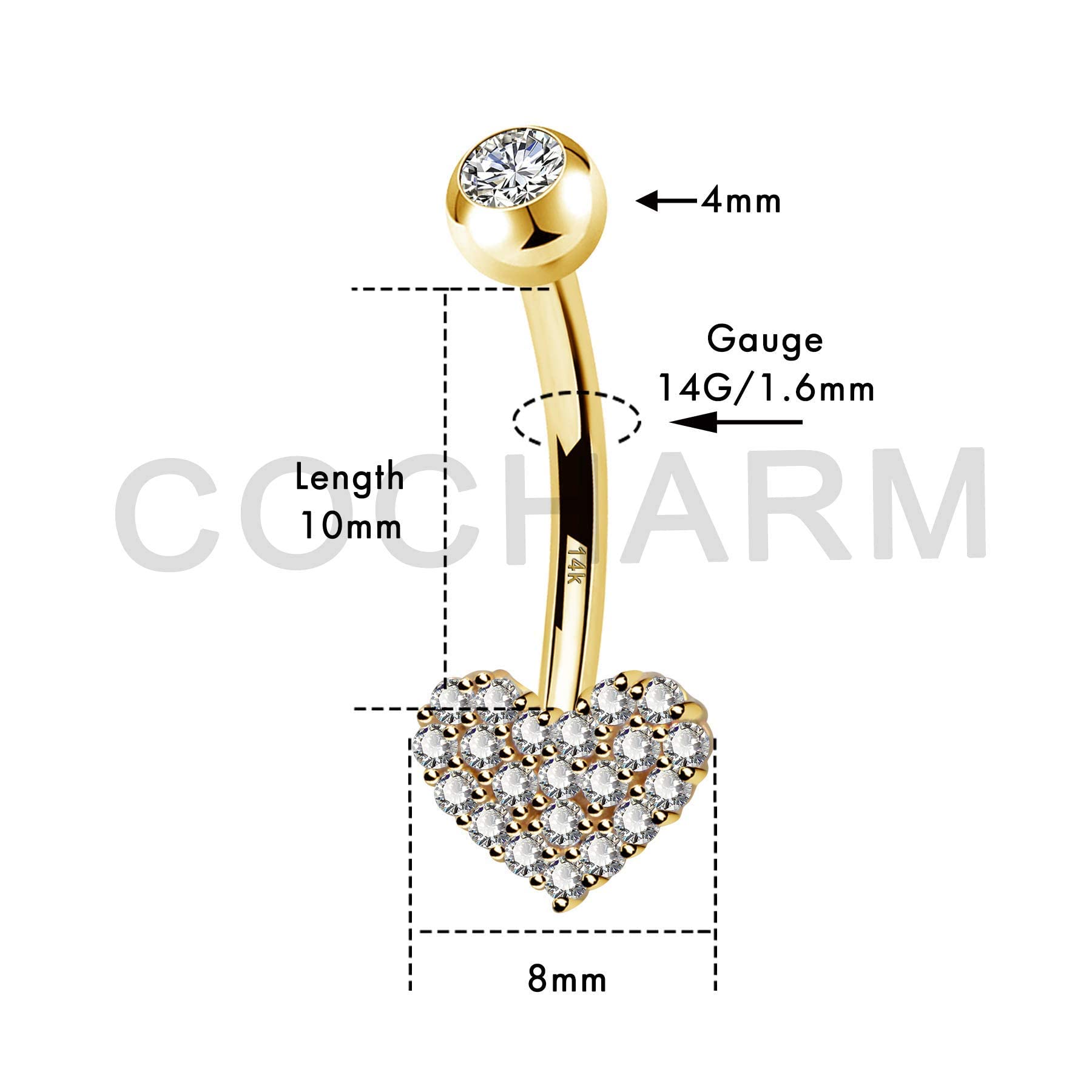 COCHARM 14k Solid Gold Heart Belly Rings 14g Paved Diomond Real Gold Belly Button Rings 14k Gold Belly Piercing Jewelry for Women