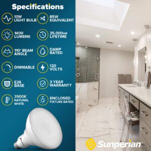 SUNPERIAN 12 Pack BR40 LED Light Bulbs, 13W=85W, 3500K Natural White, 1400 Lumens, Dimmable Flood Light Bulbs for Recessed Cans, Enclosed Fixture Rated, Damp Rated, UL Listed, E26 Standard Base