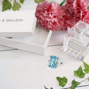 IVY & BAUBLE Large Emerald Cut Simulated Gemstone Aquamarine Color Wedding Party Cocktail Ring for Women in Rhodium Plating, Size 5