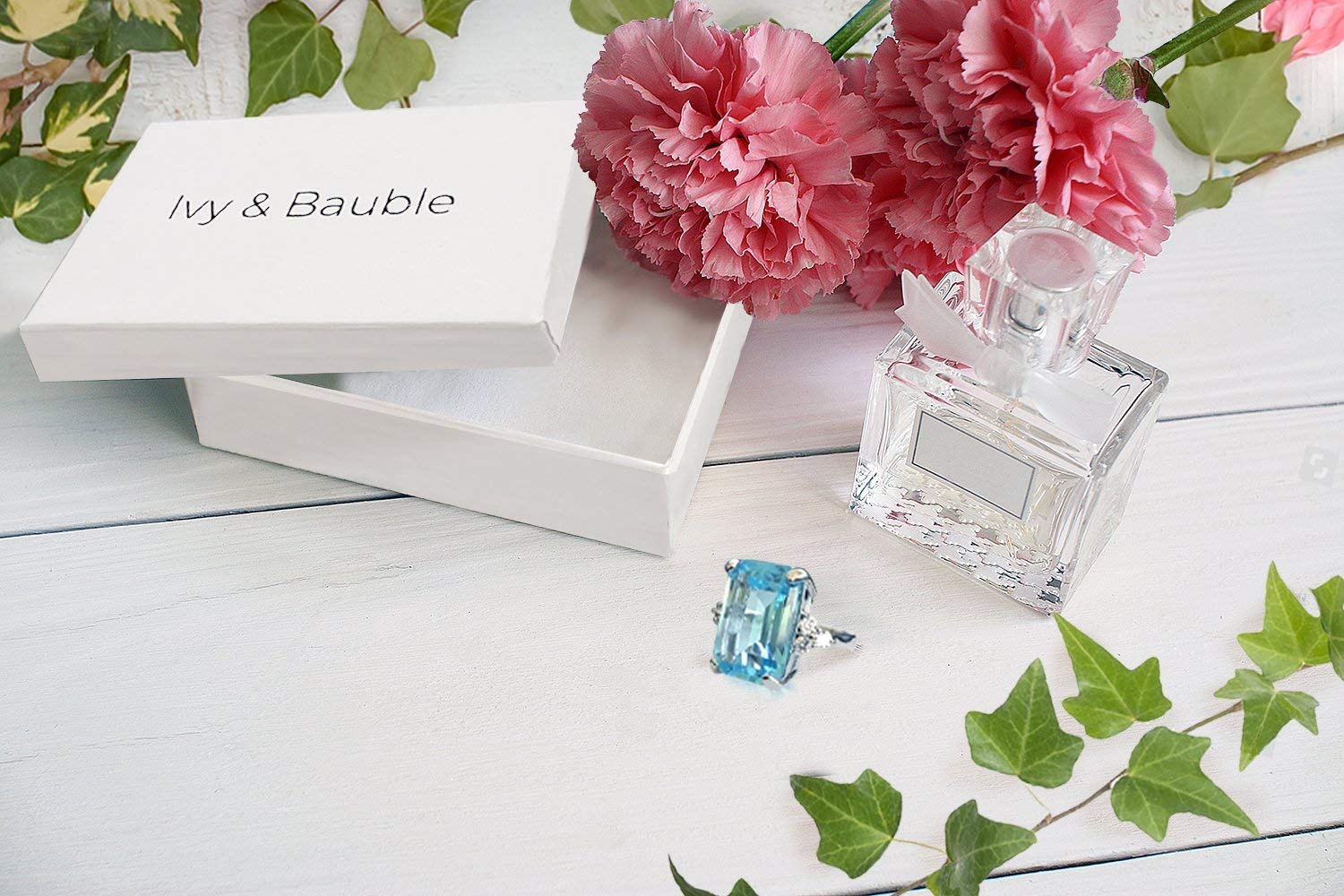 IVY & BAUBLE Large Emerald Cut Simulated Gemstone Aquamarine Color Wedding Party Cocktail Ring for Women in Rhodium Plating, Size 5