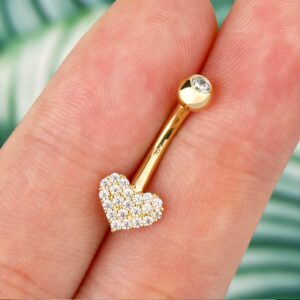 COCHARM 14k Solid Gold Heart Belly Rings 14g Paved Diomond Real Gold Belly Button Rings 14k Gold Belly Piercing Jewelry for Women