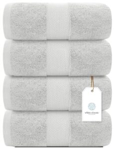 white classic luxury bath towels large - cotton hotel spa bathroom towel |30x56 | 4 pack | silver