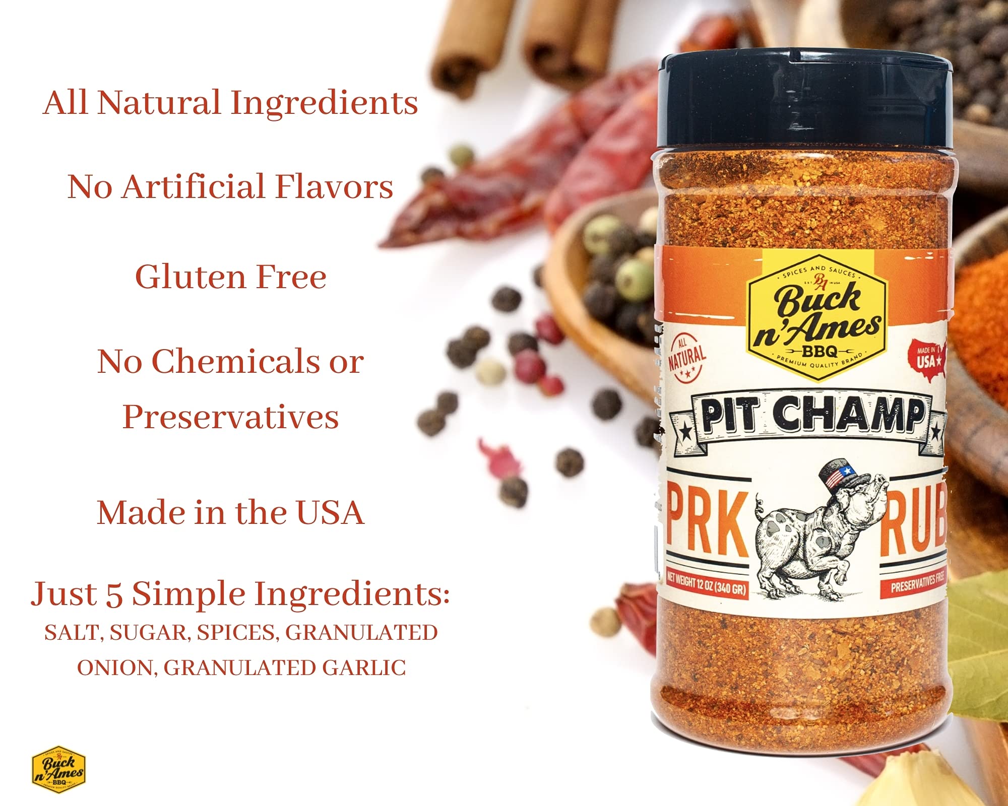 Buck N’ Ames PIT CHAMP PRK BBQ RUB | Ribs and Pork Barbecue Seasoning | Also Great on Chicken, Lamb, and Beef | ALL Natural |12 oz