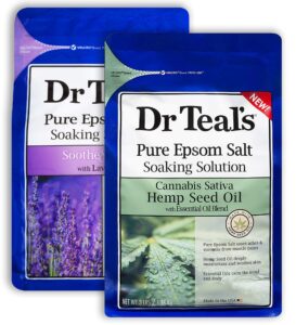 dr teal's pure epsom salt bath variety gift set (2 pack, 3lbs ea.) - soothe & sleep lavender & hemp seed oil soaking solutions - essential oils ease pain & help with sleep