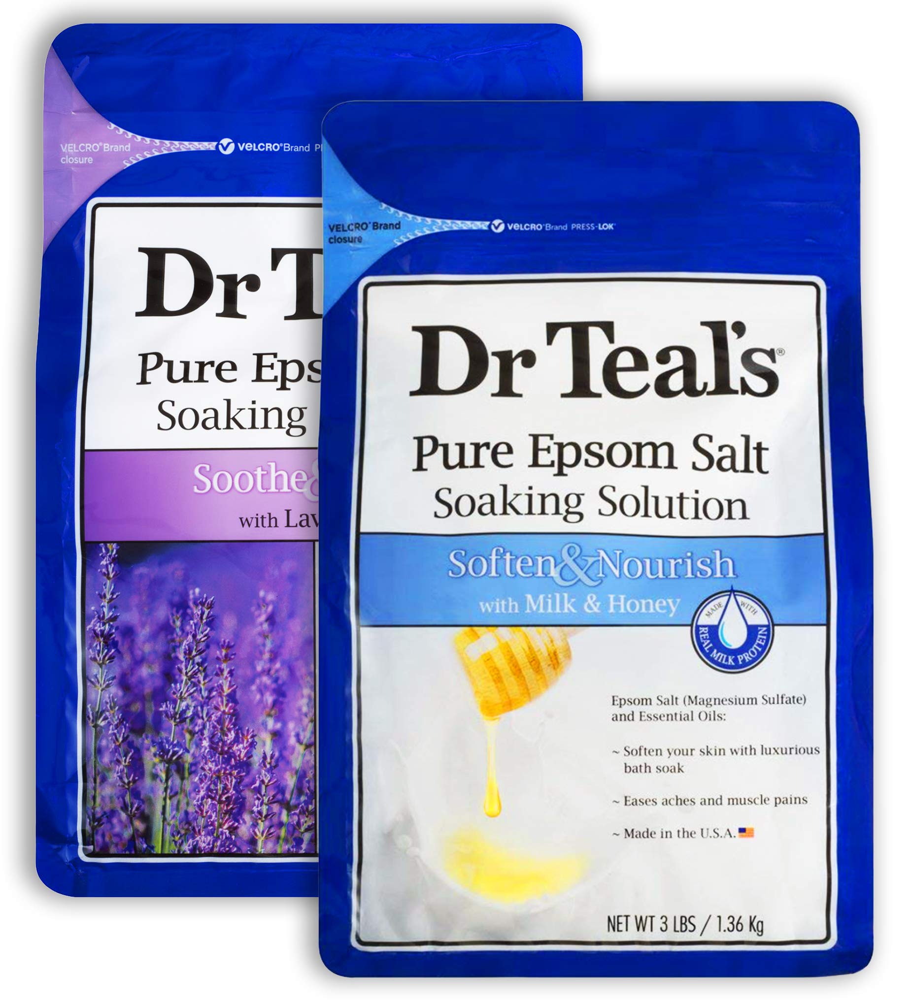 Dr. Teal's Epsom Salt Bath Variety Gift Set (2 Pack, 3lbs Ea.) - Soothe & Sleep with Lavender, Soften & Nourish with Milk & Honey - Essential Oils Moisturize Skin & Ease Aches & Pains