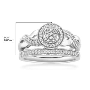 .925 Sterling Silver 1/4 Cttw Diamond Cluster Halo Milgrain Eternity Engagement Ring & Wedding Band Bridal Set (H-I Color, I1-I2 Clarity) - SIze 8