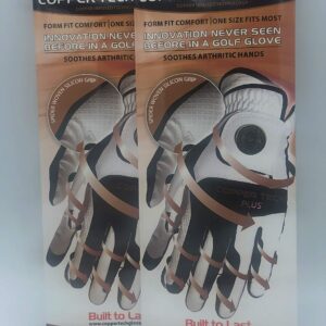 Copper Tech COPPERTECH Plus Men's Golf Glove 2 Pieces Pack Worn ON Left Hand White/Black OneSize FIT Most(Medium Thru Medium Large)