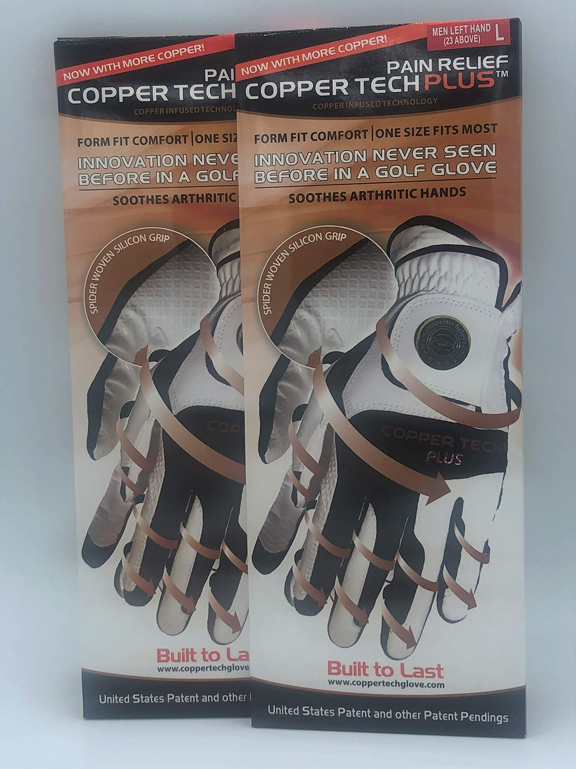 Copper Tech COPPERTECH Plus Men's Golf Glove 2 Pieces Pack Worn ON Left Hand White/Black OneSize FIT Most(Medium Thru Medium Large)