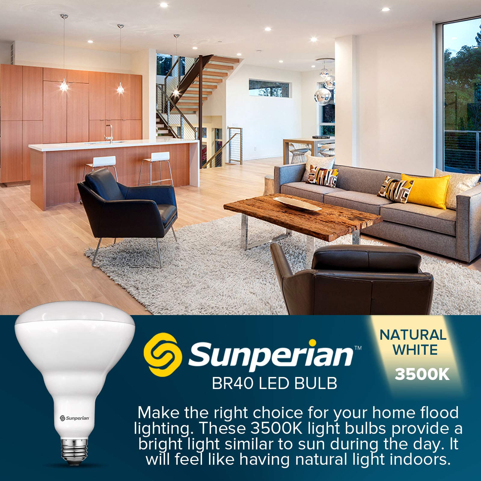 SUNPERIAN 6 Pack BR40 LED Light Bulbs, 13W=85W, 3500K Natural White, 1400 Lumens, Dimmable Flood Light Bulbs for Recessed Cans, Enclosed Fixture Rated, Damp Rated, UL Listed, E26 Standard Base