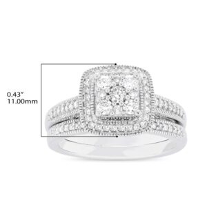 Lexi and Rose .925 Sterling Silver 1/2 Cttw Diamond Square Cluster Halo Milgrain Engagement Ring & Wedding Band Bridal Set (H-I Color, I1-I2 Clarity) - Size 8