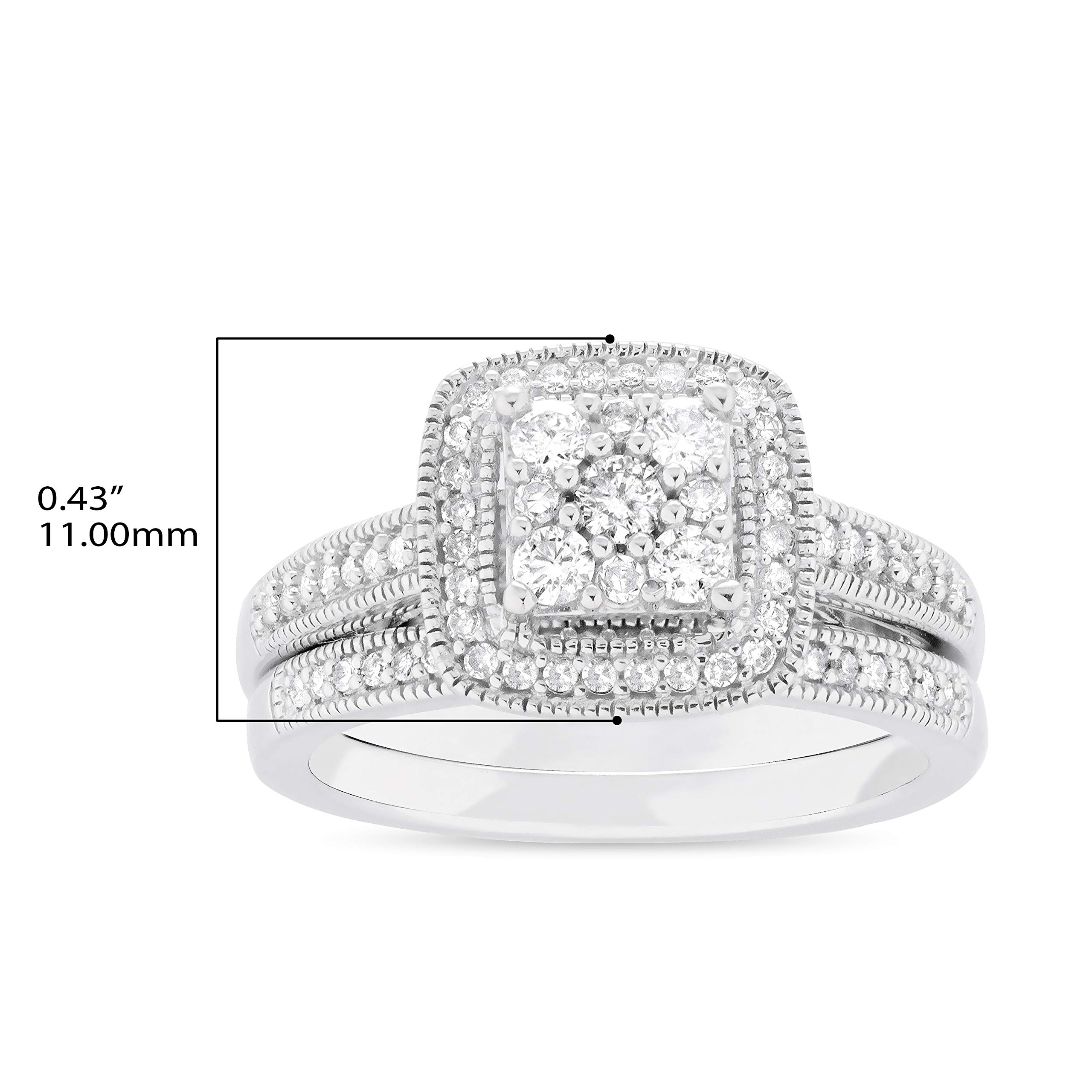 Lexi and Rose .925 Sterling Silver 1/2 Cttw Diamond Square Cluster Halo Milgrain Engagement Ring & Wedding Band Bridal Set (H-I Color, I1-I2 Clarity) - Size 8