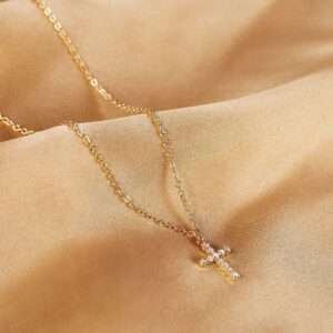 Tewiky Cross Necklace for Women, Dainty Simple 14k Gold Plated Cross Pendant Cute Necklaces for Women Gold Jewelry