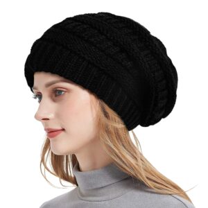 roniky winter knit beanie hats for women, silk satin lined chunky cap soft stretch cable knit warm slouchy beanie hat black