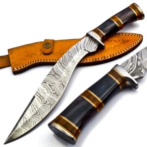 nooraki - 15-inch | handmade damascus steel heavy duty kukri knife sharp blade, with leather sheath | ideal for hunting, bushcraft, survival, chopping, camping, outdoor gift for men women - kk155