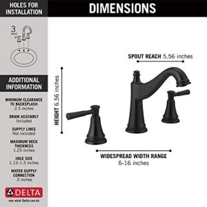 Delta Faucet Mylan Widespread Bathroom Faucet 3 Hole, Matte Black Bathroom Faucet, Bathroom Sink Faucet, Drain Assembly, Matte Black 35777LF-BL