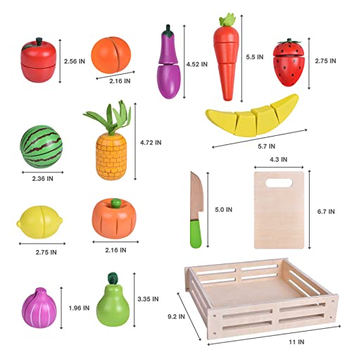 FUN LITTLE TOYS 35PCS Wooden Play Food for Kids Kitchen, Pretend Cutting Food Toys with Wooden Tray, Dishes and Knife for Kids, Pretend Play Food