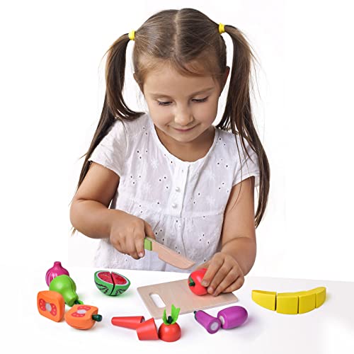 FUN LITTLE TOYS 35PCS Wooden Play Food for Kids Kitchen, Pretend Cutting Food Toys with Wooden Tray, Dishes and Knife for Kids, Pretend Play Food