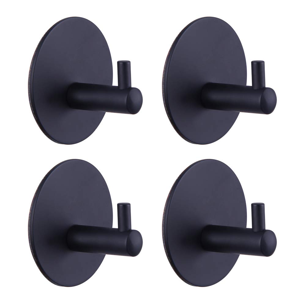 GERZWY Adhesive Hooks Heavy Duty Wall Hooks Stainless Steel Hooks for Hanging Coat, Hat, Towel Robe Hook Rack Wall Mount 4-Packs (Matte Black)