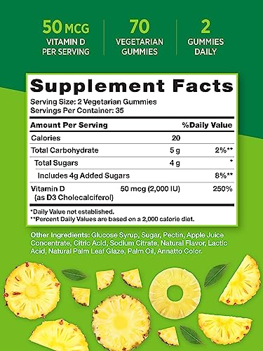 Vitamin D3 Gummies | 2000 IU | 70 Count | Pineapple Flavor | Vegetarian, Non-GMO and Gluten Free Supplement | by Nature's Truth