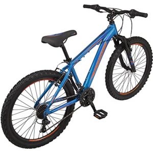 Mongoose Flatrock 21-Speed Hardtail Mountain Bike, 24-Inch Wheels, for Boys Girls Men and Women, Front Suspension, 14.5-Inch Lightweight Aluminum Frame, Blue